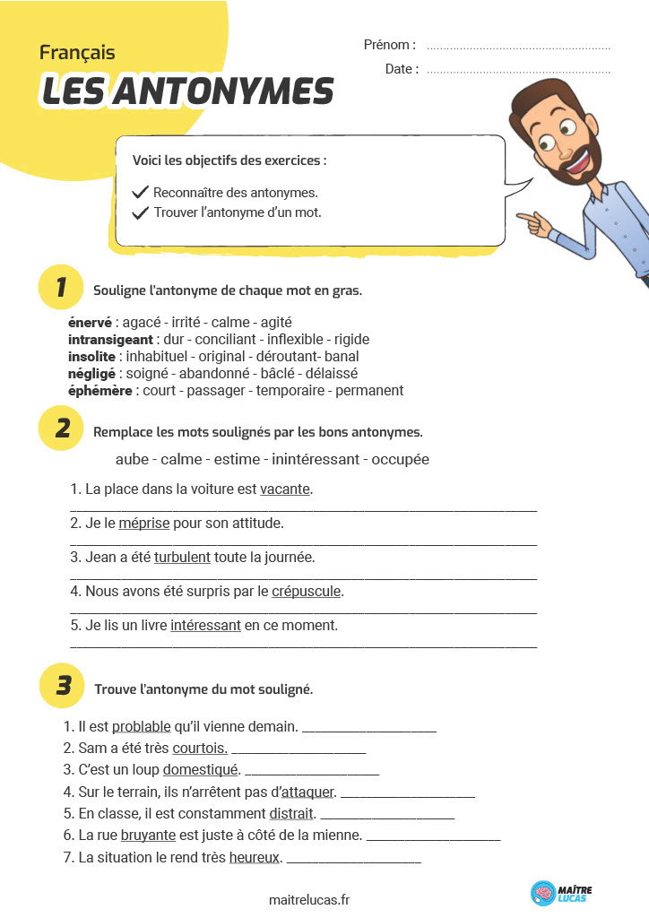 Exercices les antonymes CM1 CM2 - Maître Lucas