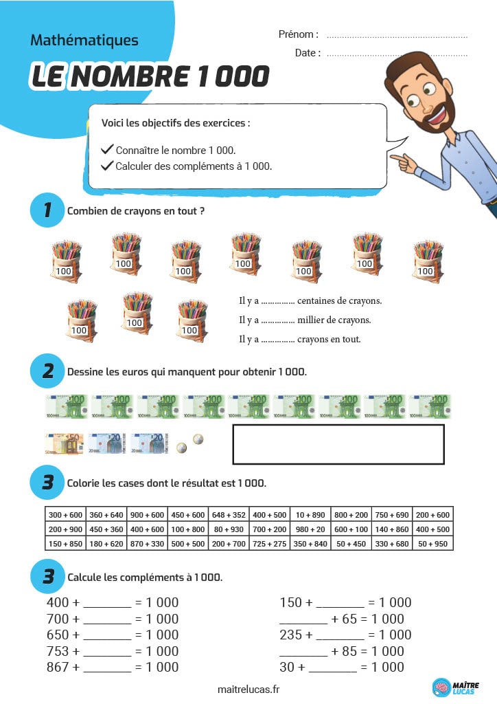 Exercices sur le nombre 1000 pour CE1 CE2 - Maître Lucas
