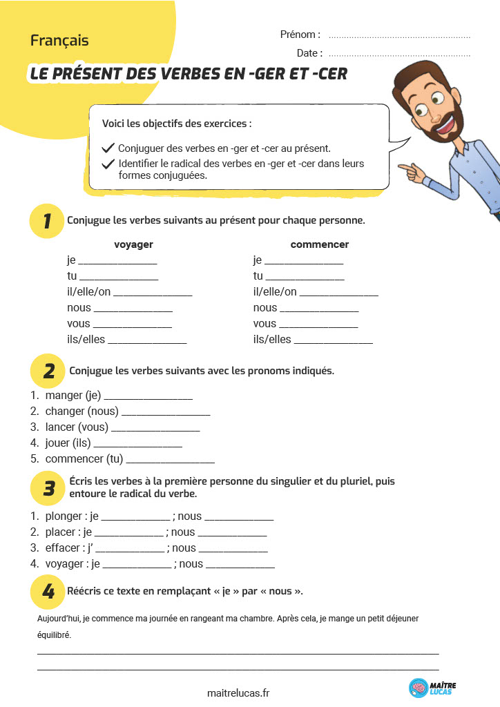 Exercices Présent des verbes en -ger et -cer - CM2 CM1 - Maître Lucas