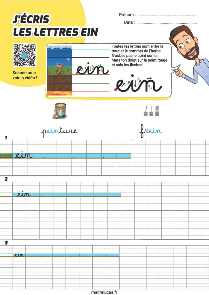 Écriture cursive du ein pour CP CE1 - Maître Lucas