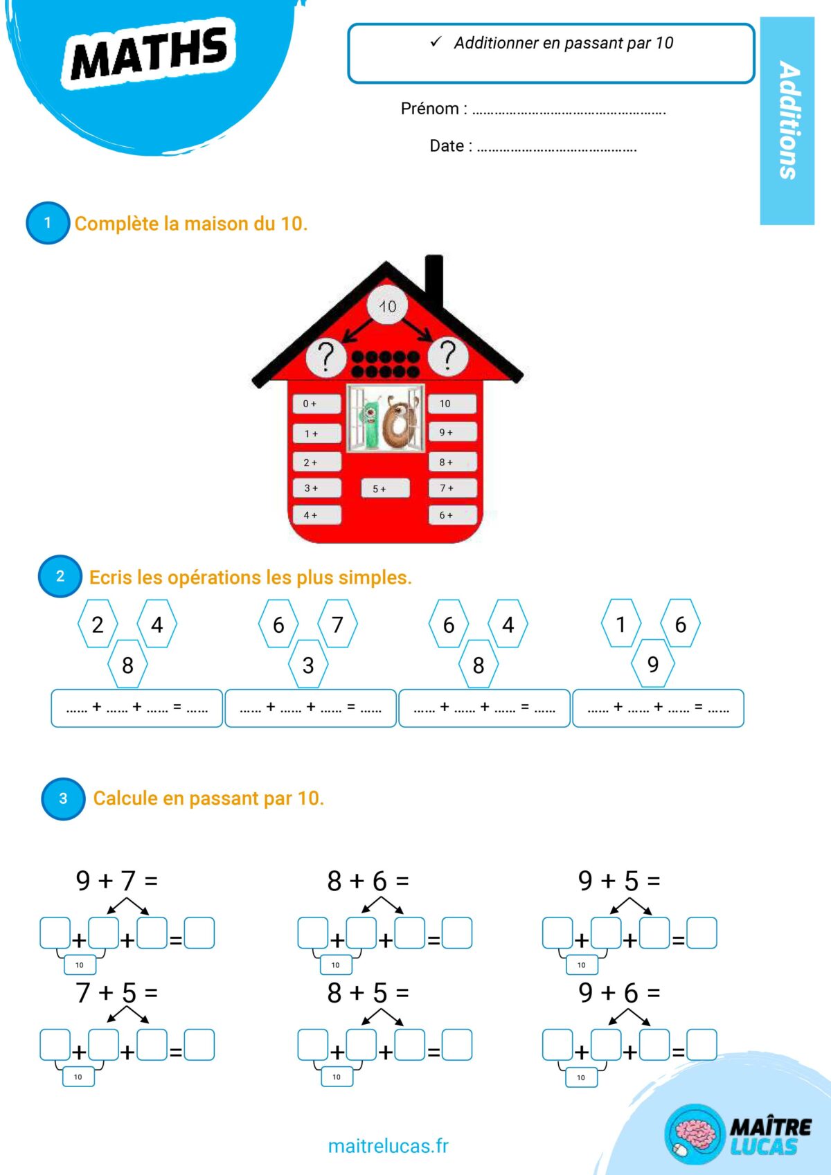 Exercices Addition en passant par 10 pour CP CE1 - Maître Lucas