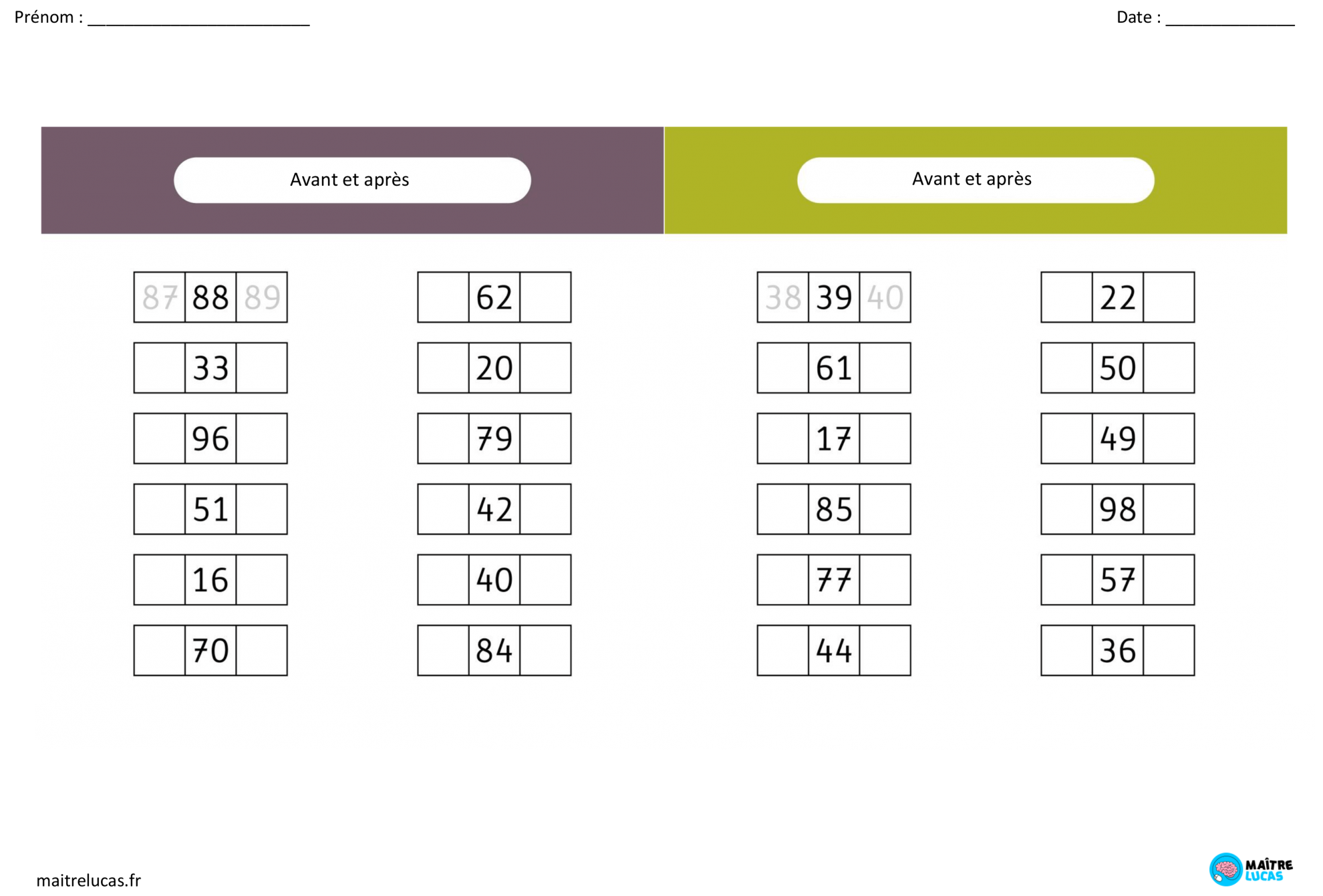 Fiches Exercices Nombre avant et après jusqu'à 100 pour CP CE1 - Maître ...