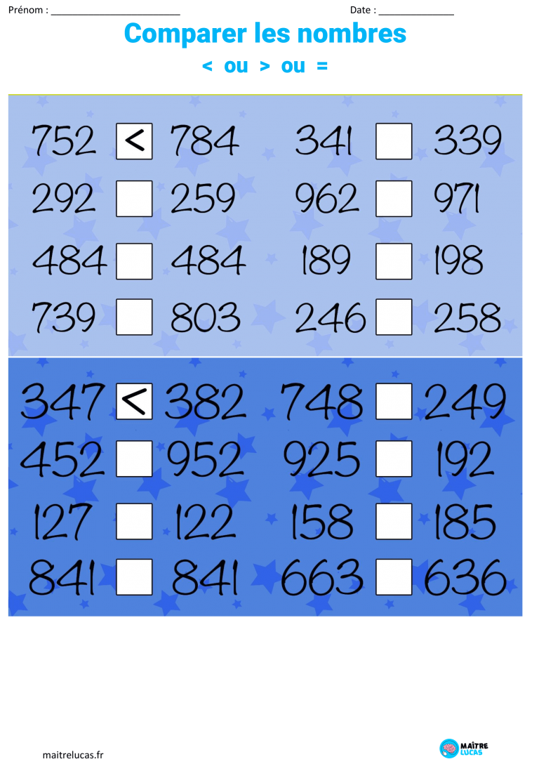 5 fiches pour Exercices Comparer les nombres jusqu'à 1000 CE1 CE2 ...