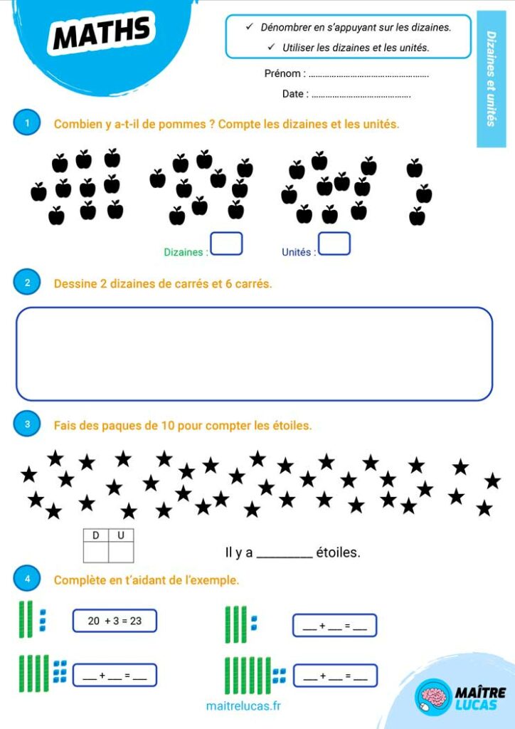 Exercices les unités et les dizaines pour CP CE1 - Maître Lucas