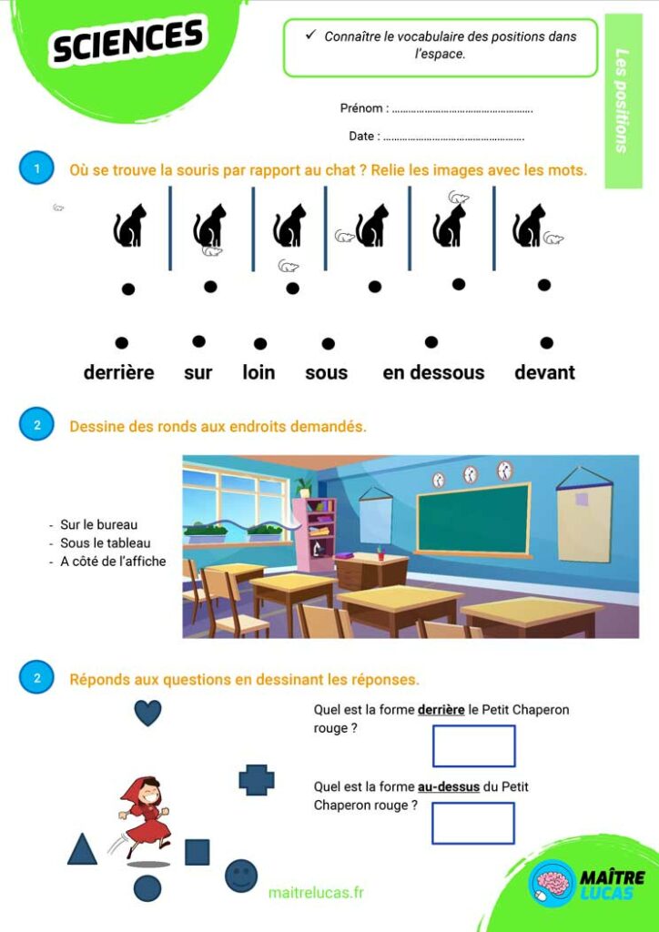 Exercices les positions CP CE1 CE2 - Maître Lucas