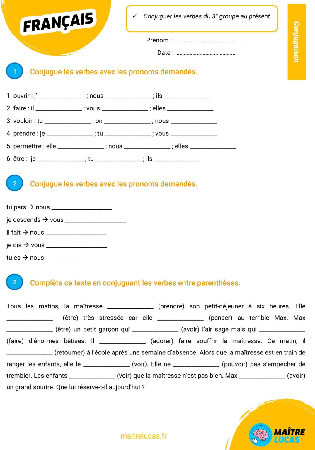Exercices verbes du 3ème groupe au présent - Maître Lucas