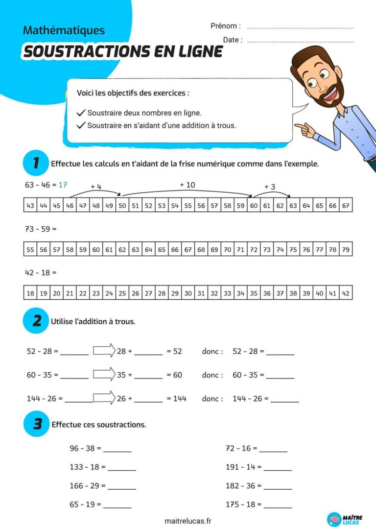 Exercice soustraction en utilisant l'addition à trous pour CE1 et CE2 ...