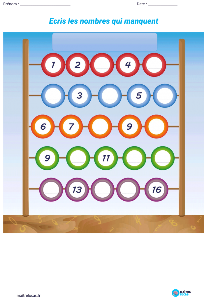 Fiches Exercices Trouver les nombres manquants pour CP CE1 - Maître Lucas